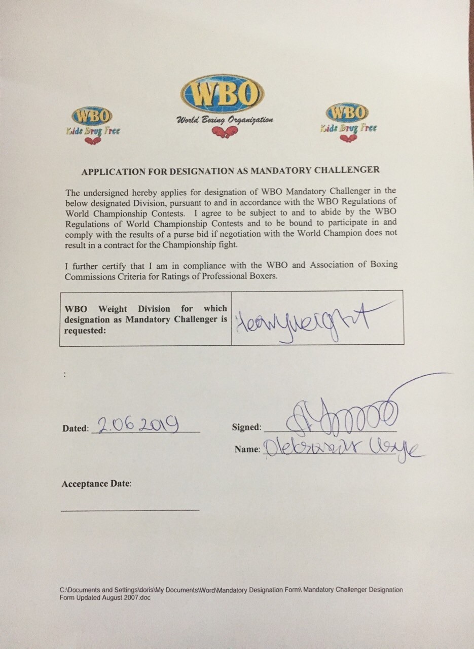 WBO Usyk WBO Mandatory Form WBO